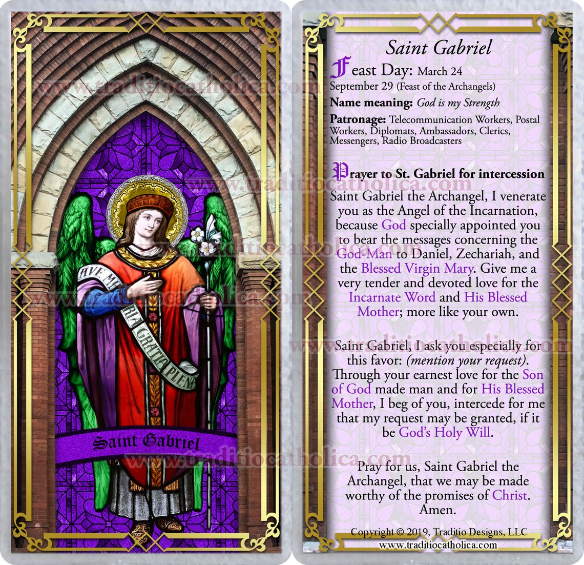 St. Saint Gabriel Archangel Laminated Holy Prayer Cards. Stained Glass ...
