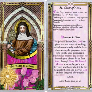 Saint Clare of Assisi, Italy Laminated Prayer Cards. St. Clare Statue ...