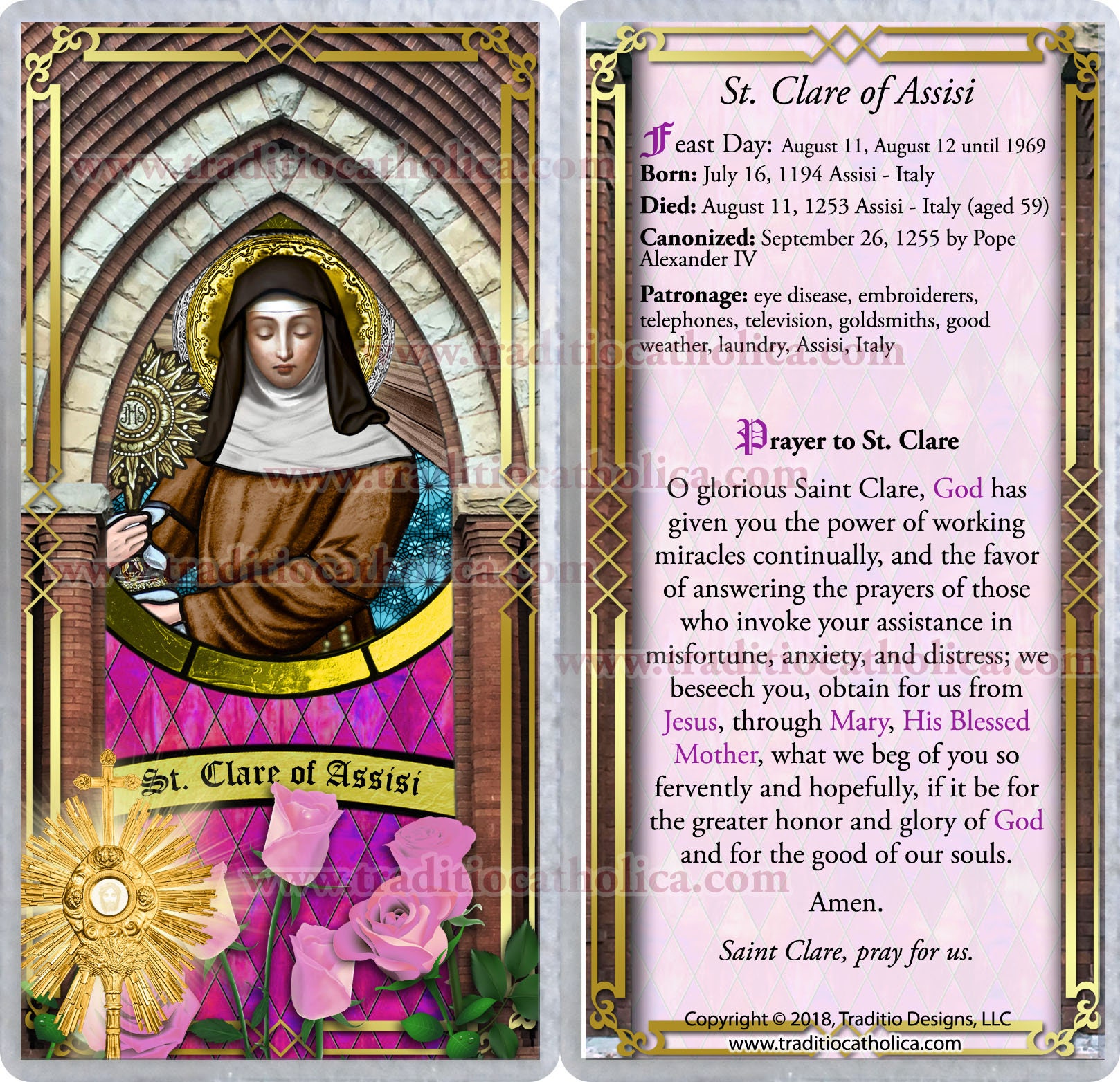 Saint Clare of Assisi, Italy Laminated Prayer Cards. St. Clare Statue ...
