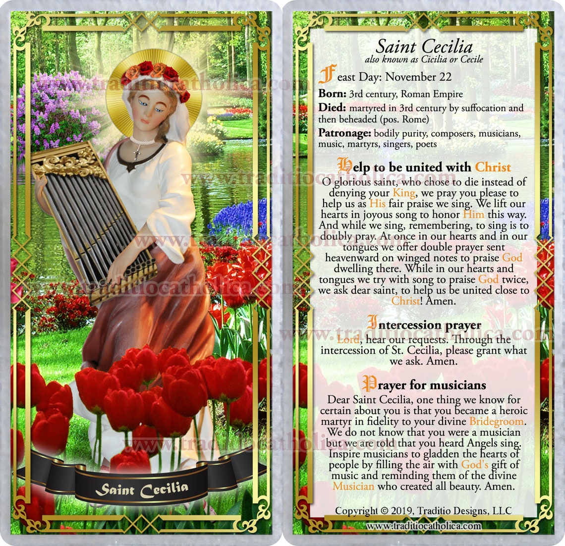 Saint St Cecilia, Italy Laminated Prayer Cards. Saint Cecilia Statue ...