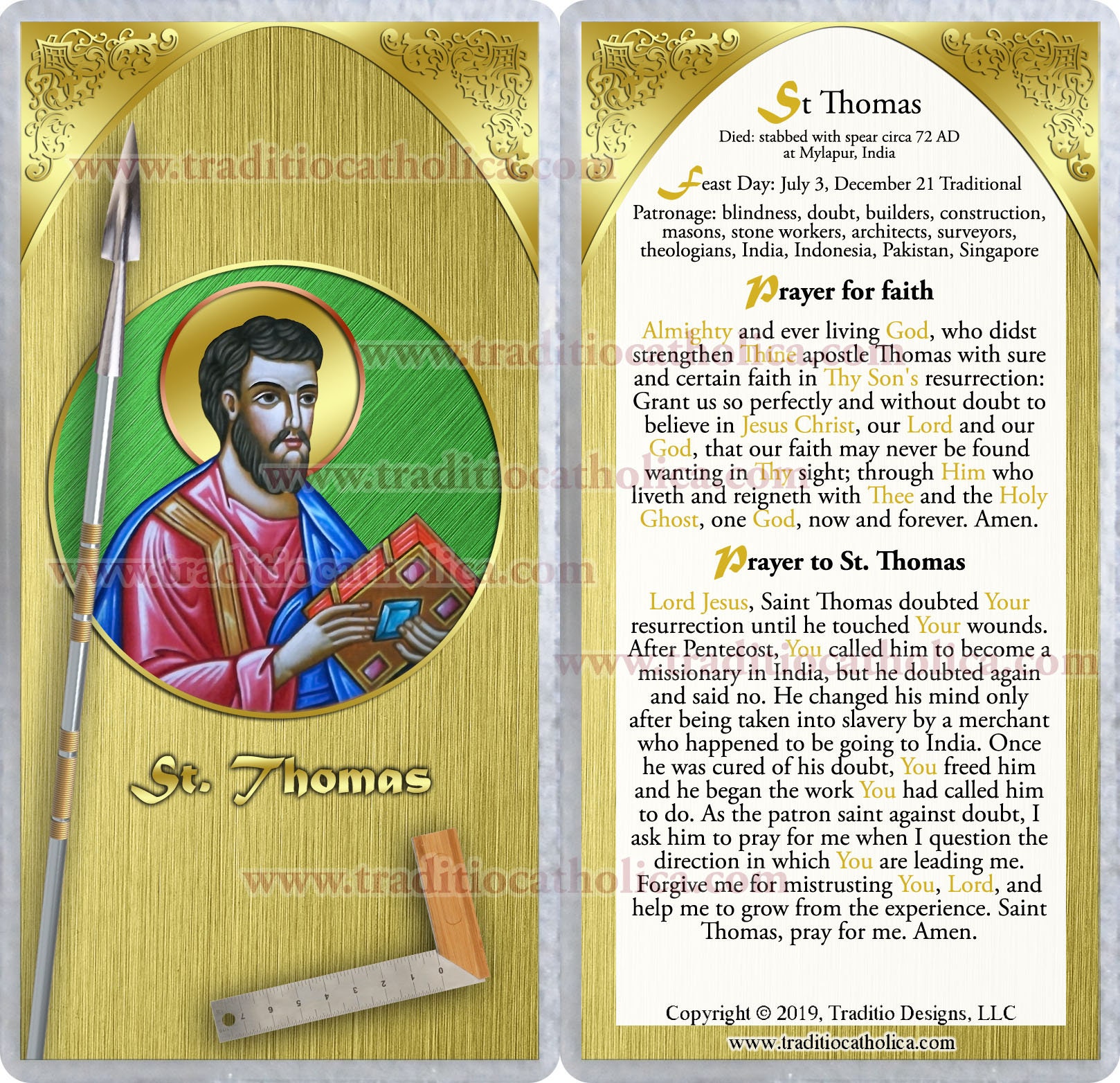 Saint Thomas the Apostle Catholic Holy Prayer Cards. St. - Etsy