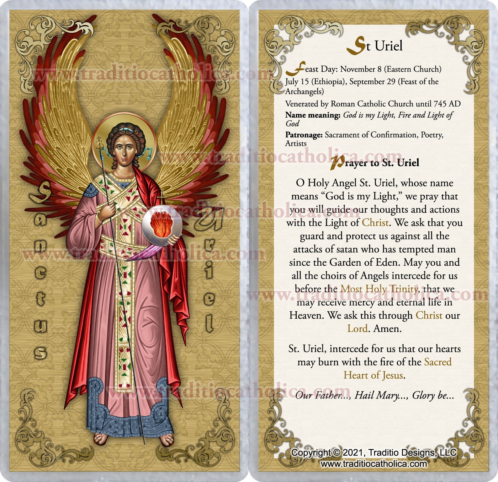 St. Saint Uriel Archangel laminated Holy Prayer cards. Stained | Etsy