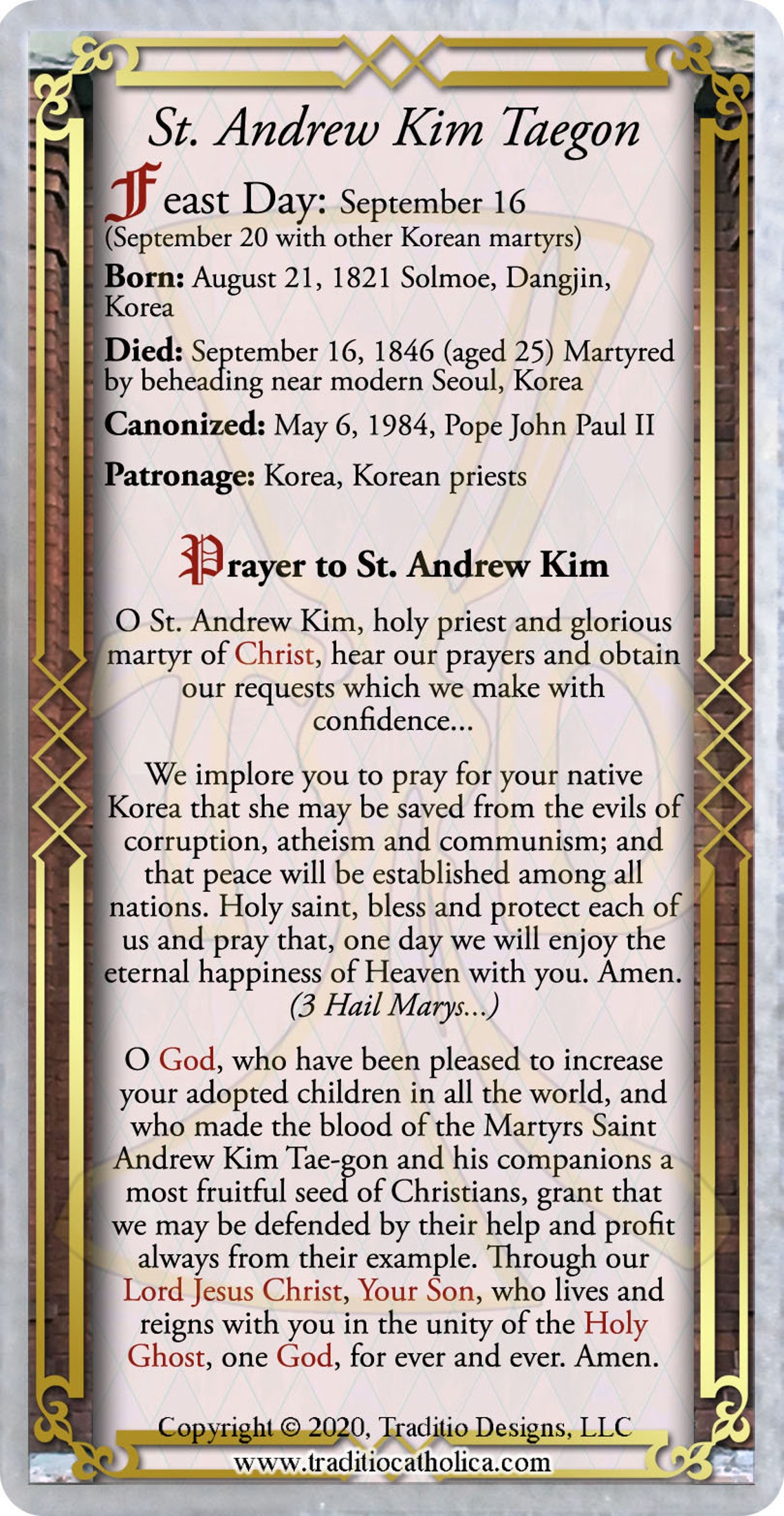 Saint St Andrew Kim Taegon Korea Patron of Korean Priests | Etsy