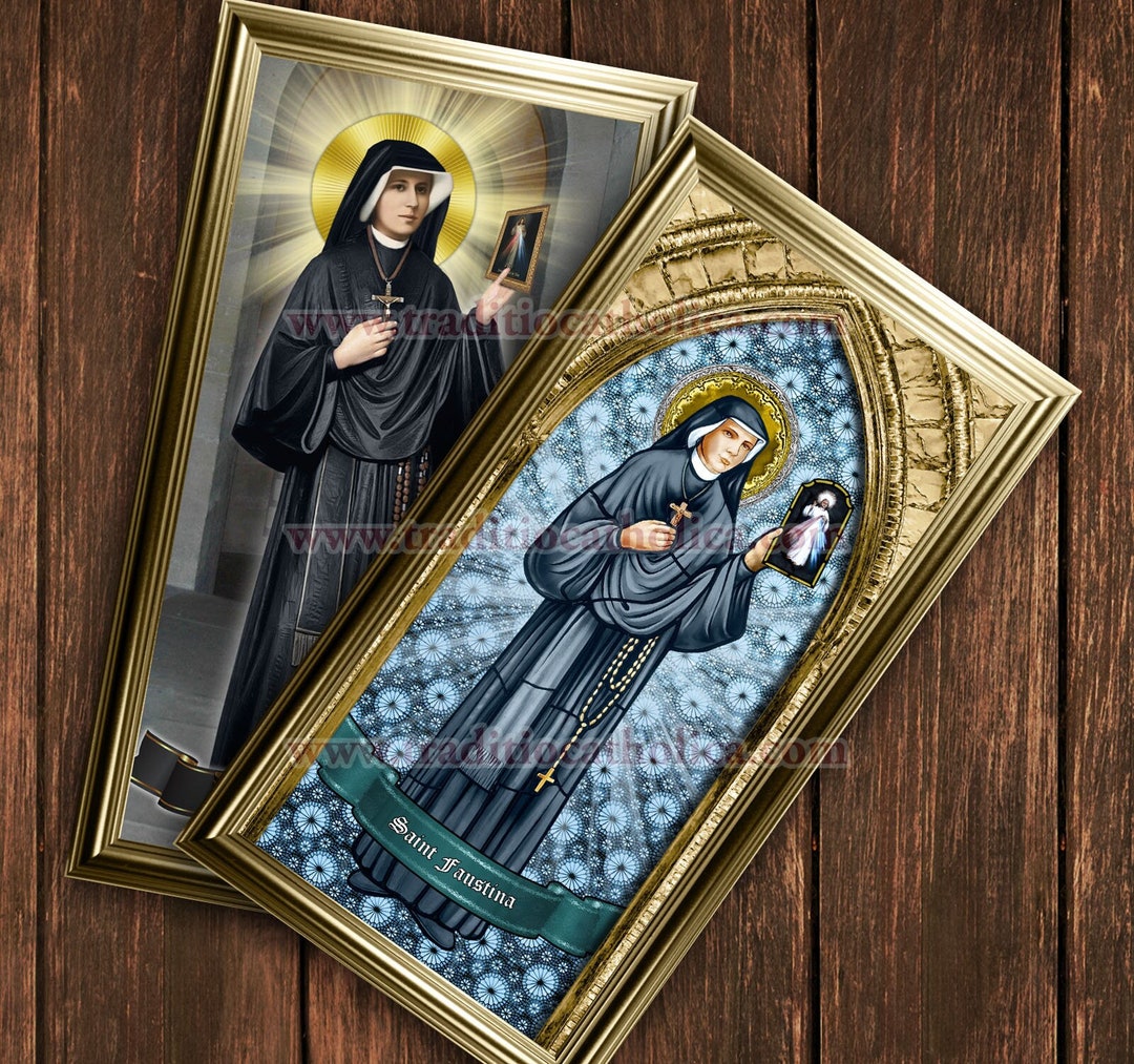 Saint St. Faustina of Divine Mercy Handcrafted Stained Glass and Statue ...