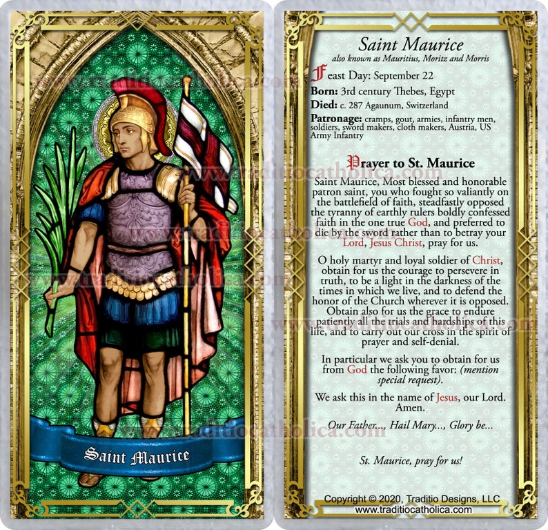Saint St. Maurice, Patron of Soldiers, Gout, Infantry Laminated Prayer ...