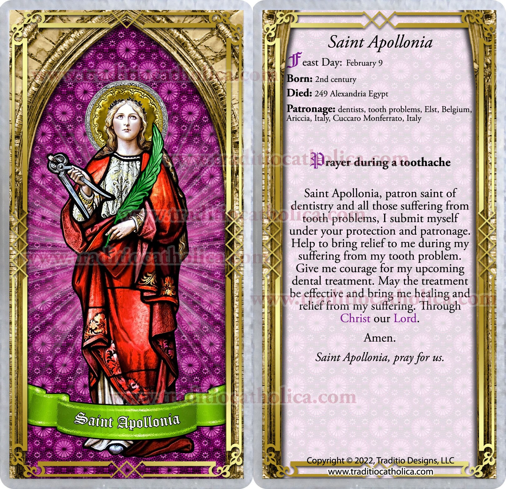 Saint Apollonia, Ancient Egypt Laminated Holy Prayer Cards. Dental ...