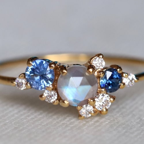Moonstone Sapphire Cluster Ring Moonstone Engagement Ring - Etsy