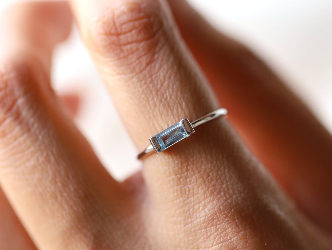 Aquamarine Baguette Ring | Dainty Aquamarine Stacking Ring | Baguette ...