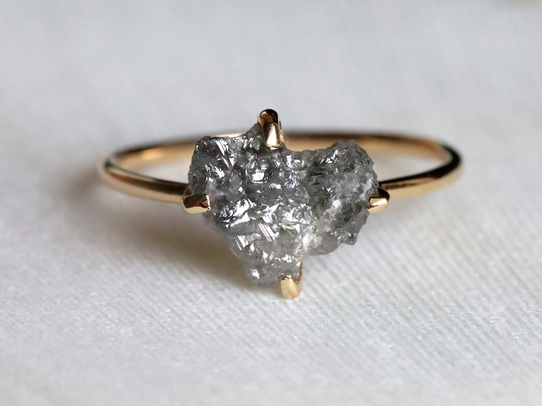 Raw Grey Diamond Ring, Gold Engagement Ring, Gray Rough Diamond, 2 ...