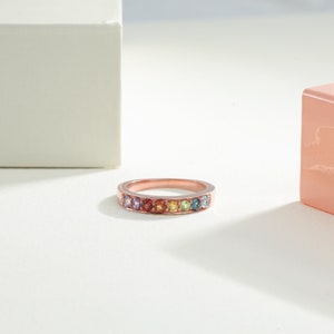 14K Yellow Gold Rainbow Ring, Semi-precious 8 Multicolor Stone Band ...