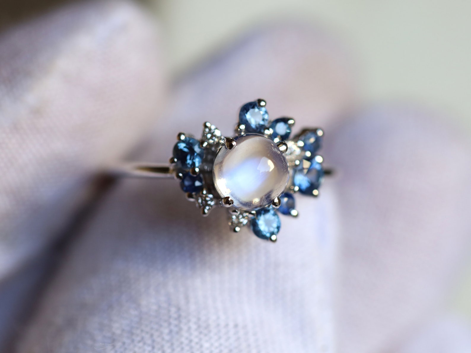 Rainbow Moonstone Sapphire Cluster Engagement Ring, Anniversary Gift - Etsy