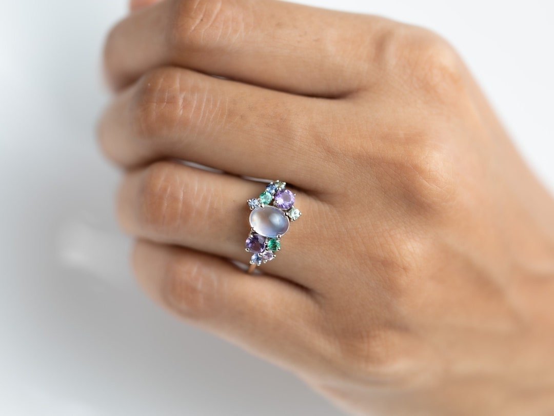 Rainbow Moonstone Cluster Ring, Sapphire Amethyst Emerald, 14k Gold ...