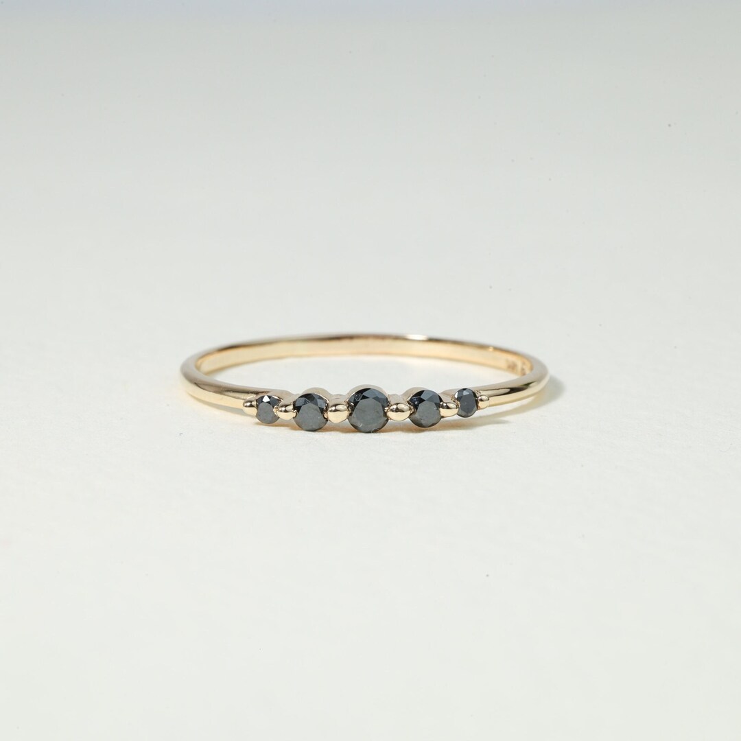 Minimalist Black Diamond Stacking Ring | Dainty Five Stone Black Diamond Band | Elegant ...