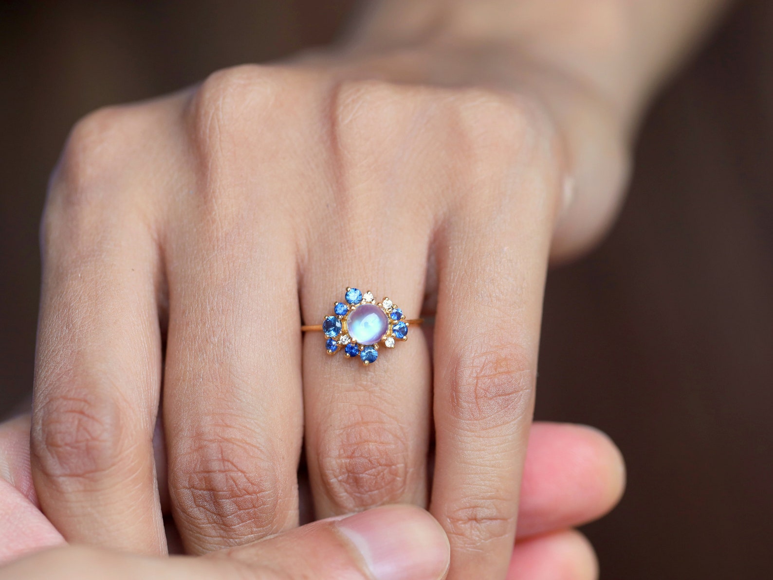 Rainbow Moonstone Sapphire Cluster Engagement Ring, Anniversary Gift - Etsy