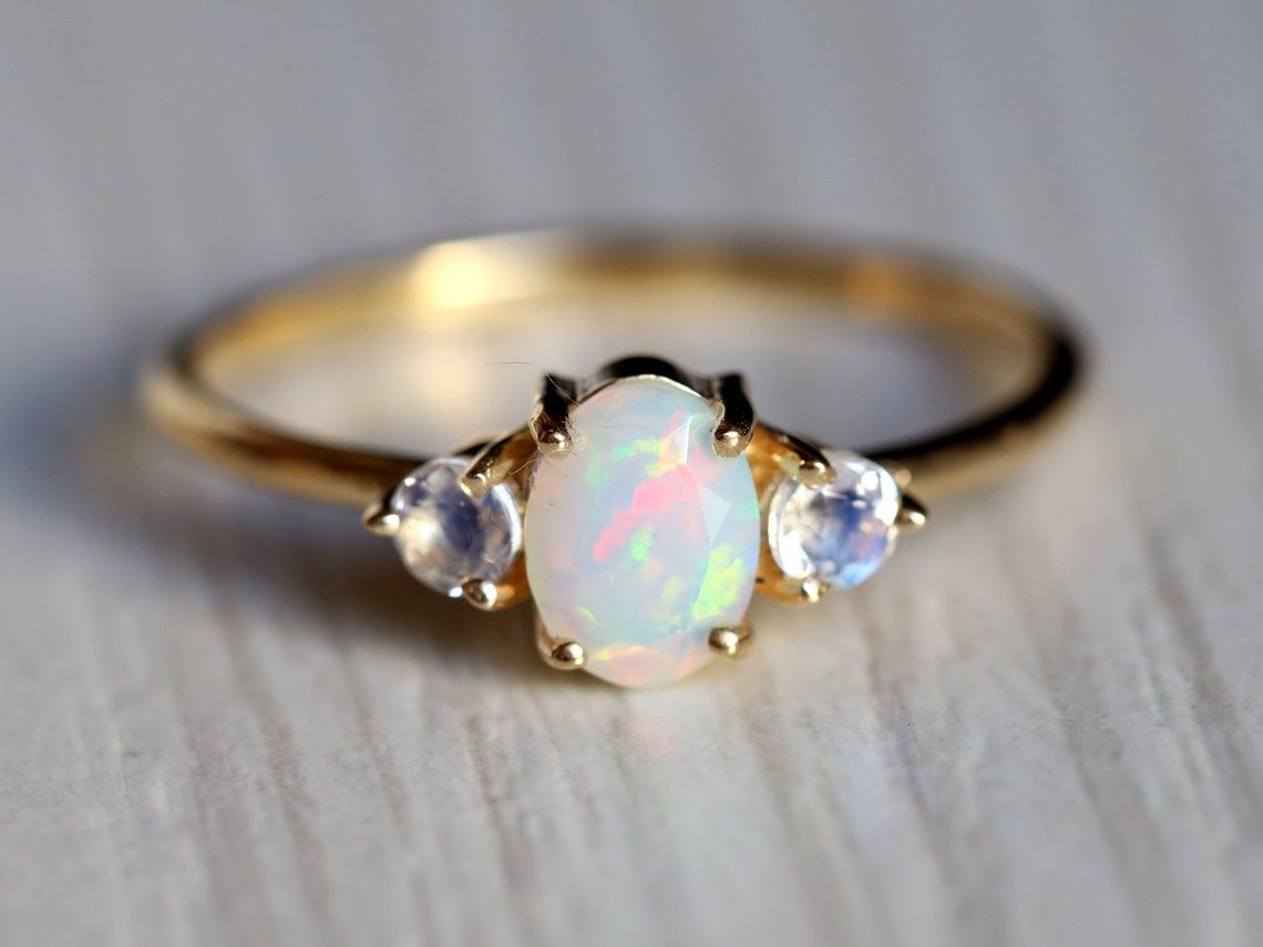 Opal Engagement Ring Fire Opal Ring Opal and Moonstone | Etsy