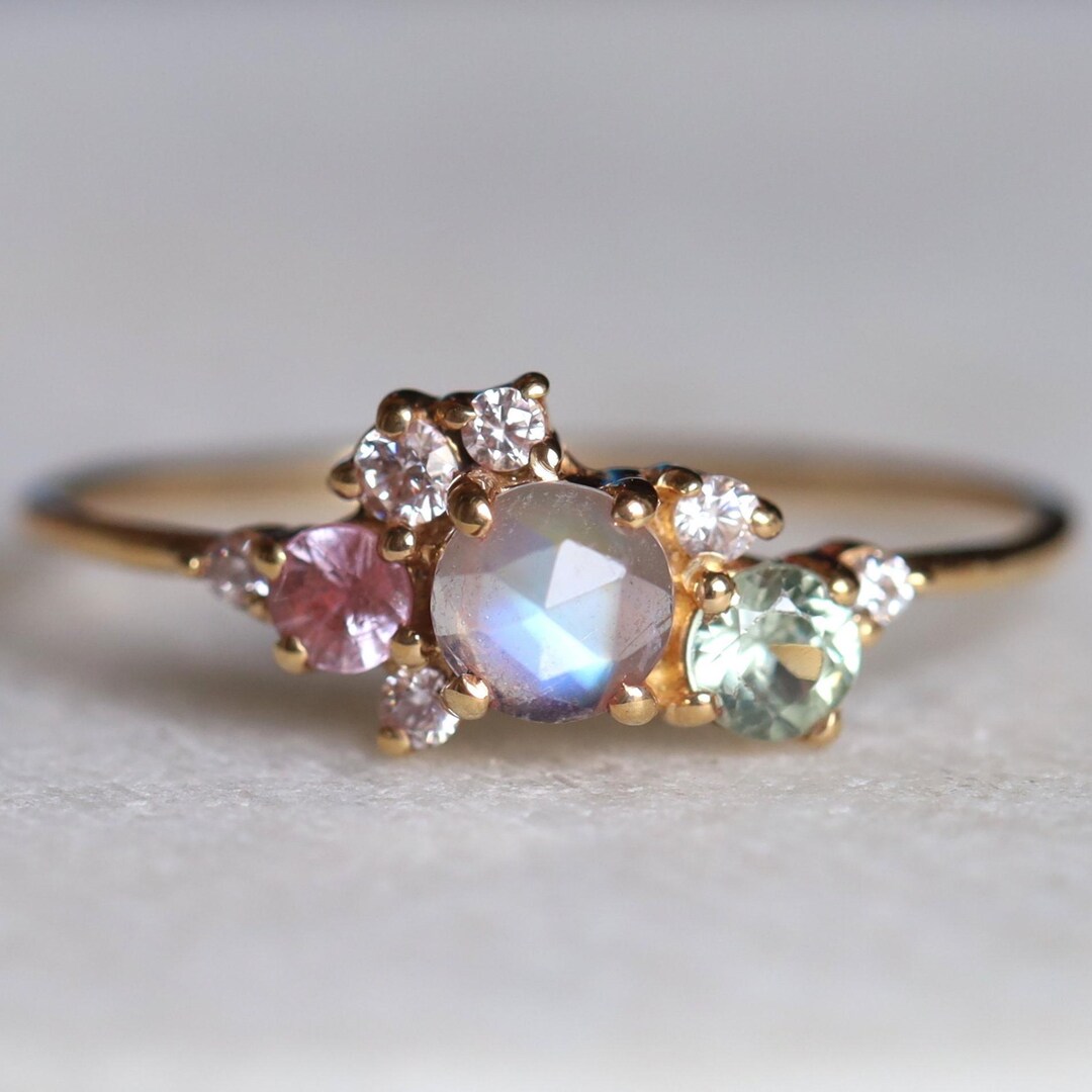 Cluster Engagement Ring, Rainbow Moonstone and Sapphire and Diamond ...