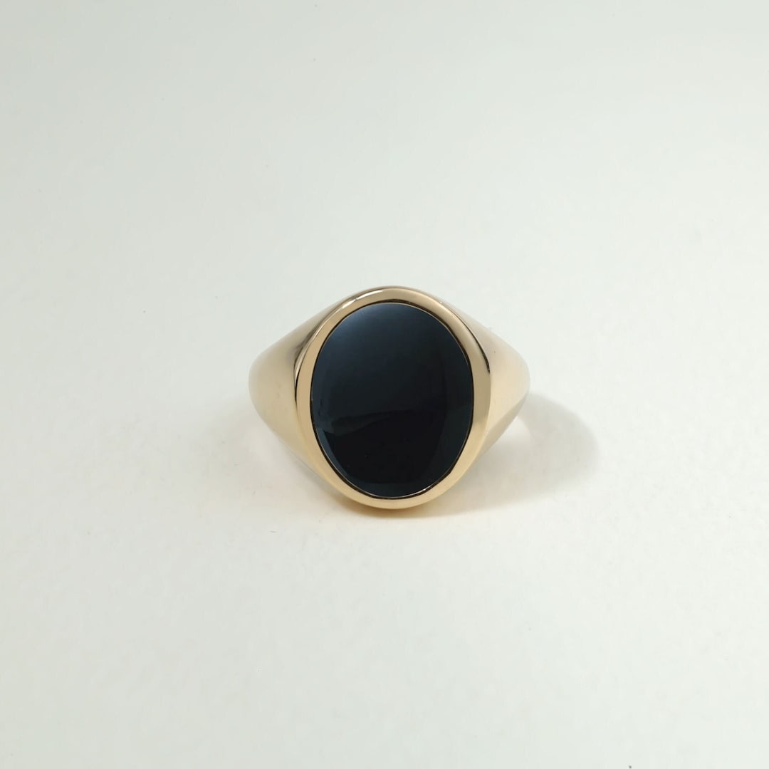 18K Solid Gold Oval Black Onyx Signet Ring – Elegant Black Onyx Signet ...