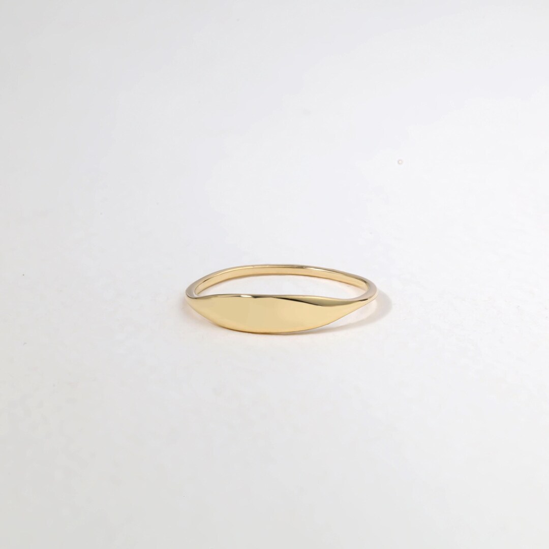 Thin Simple Gold Ring, Solid Gold Curved Signet Ring, Stackable Ring ...
