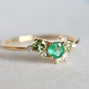 Emerald and Peridot Cluster Engagement Ring Green Emerald Cluster Ring ...