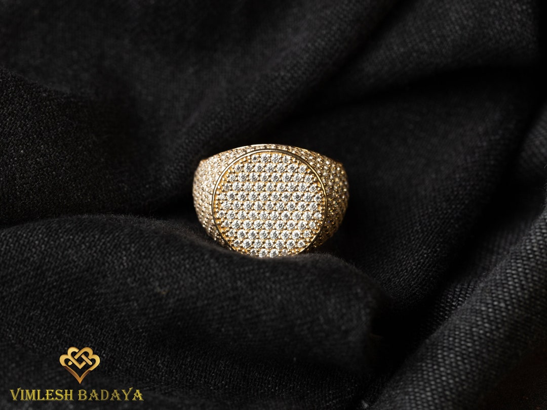 Iced Out Diamond Signet Ring, Solid Gold Iced Out Ring, Diamond Signet ...