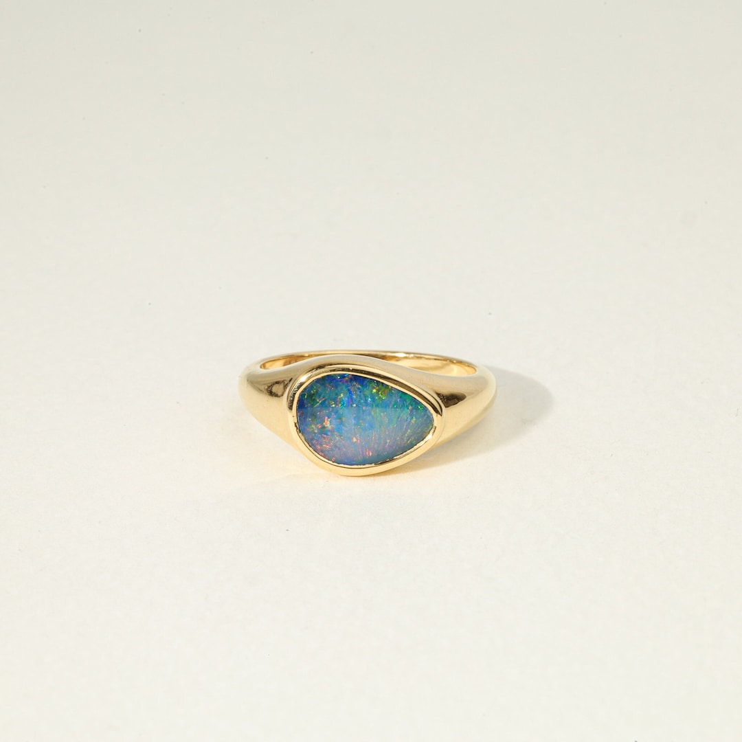 Blue Australian Opal Doublet Signet Ring, Solid Gold Signet Ring, Fire ...
