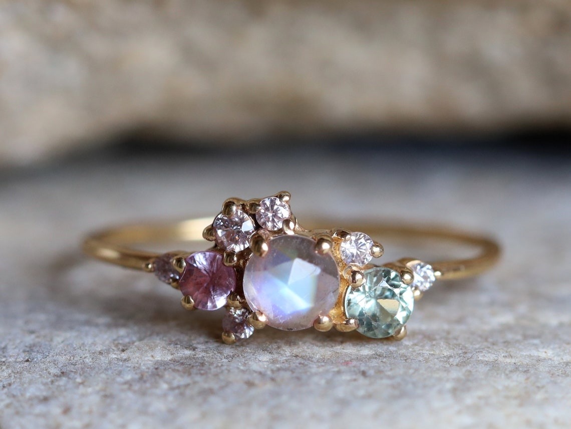 Cluster Engagement Ring, Rainbow Moonstone and Sapphire and Diamond ...