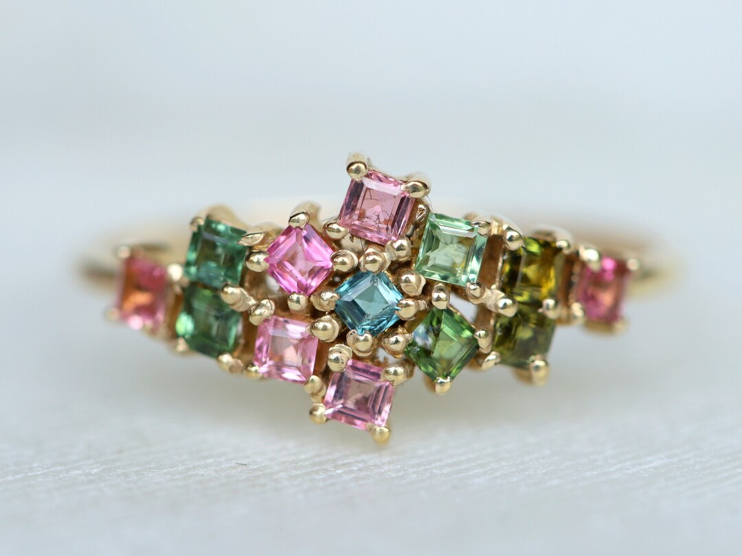 Multi Color Tourmaline Cluster Ring, Pink Tourmaline Ring, Green ...