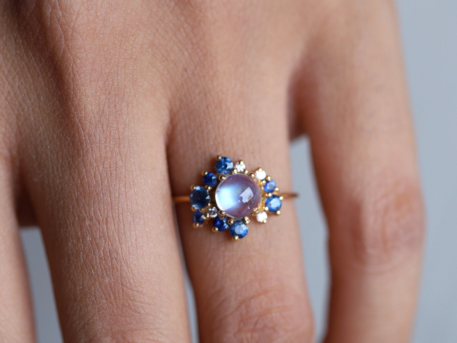 Moonstone Sapphire Cluster Ring, Moonstone Engagement Ring, Cluster ...