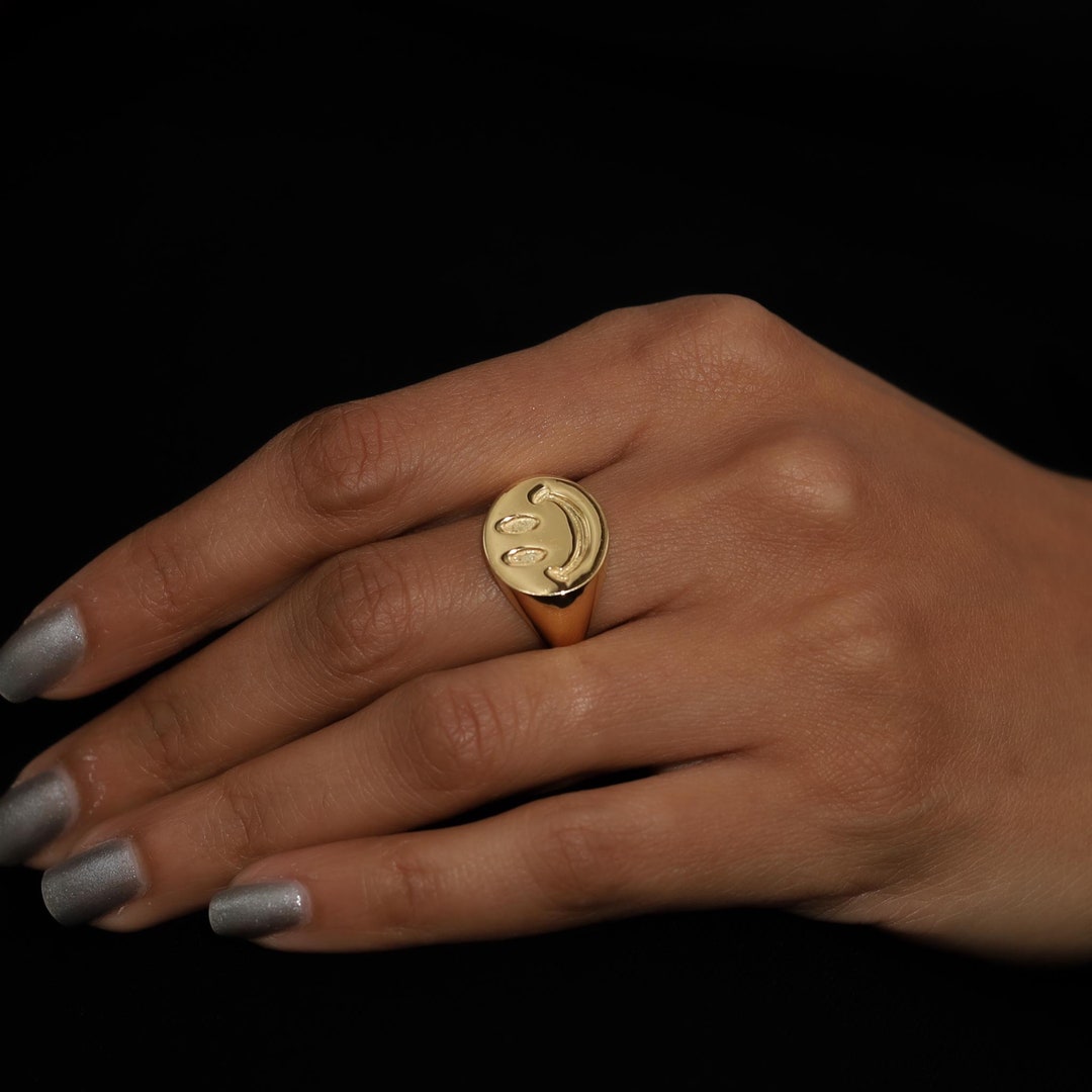 18K Solid Gold Smiley Face Promise Ring, Smile Gold Signet Proposal ...