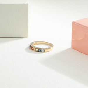 14K Yellow Gold Rainbow Ring, Semi-precious 8 Multicolor Stone Band ...