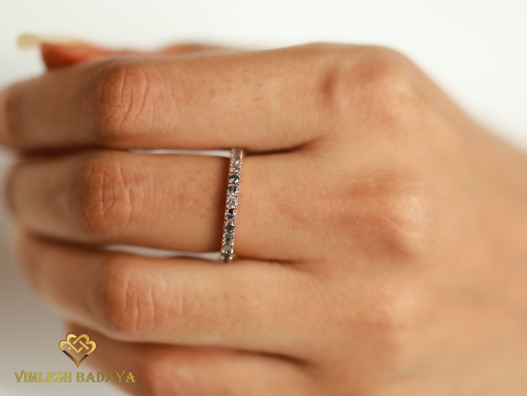 Salt and Pepper Diamond Wedding Ring, Gray Diamond Thin Stacking Ring, Color Diamond Half ...