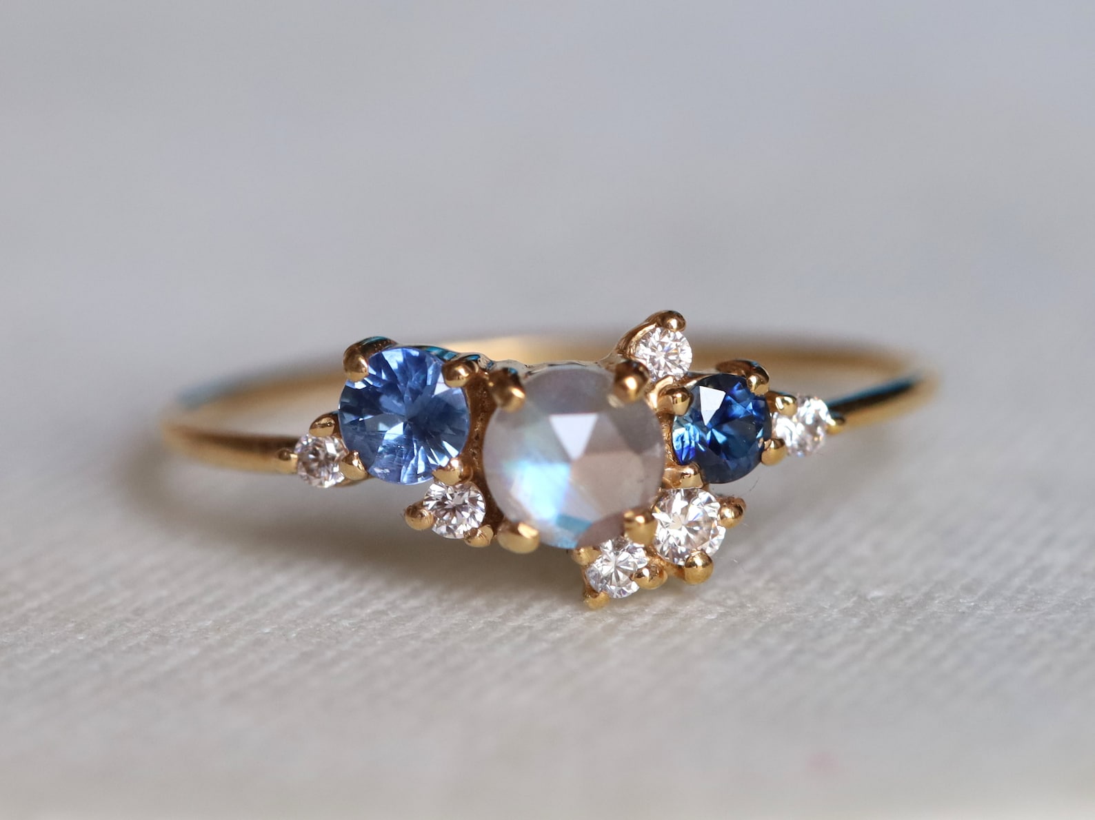Rainbow Moonstone Engagement Ring, Diamond Sapphire Cluster ...