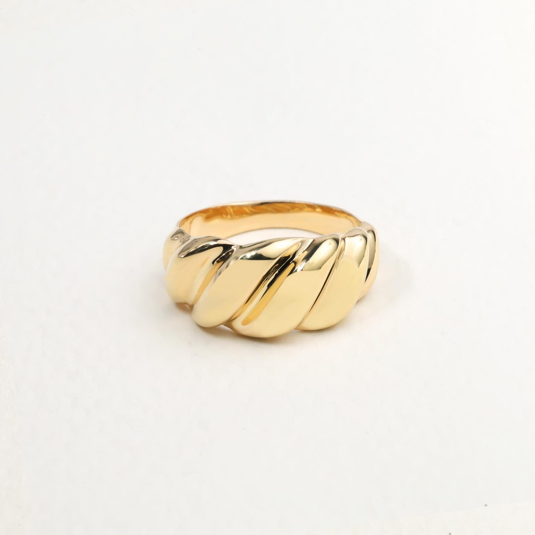 18k Solid Gold Croissant Dome Ring, Puffed Dome Ring, Ribbed Statement ...
