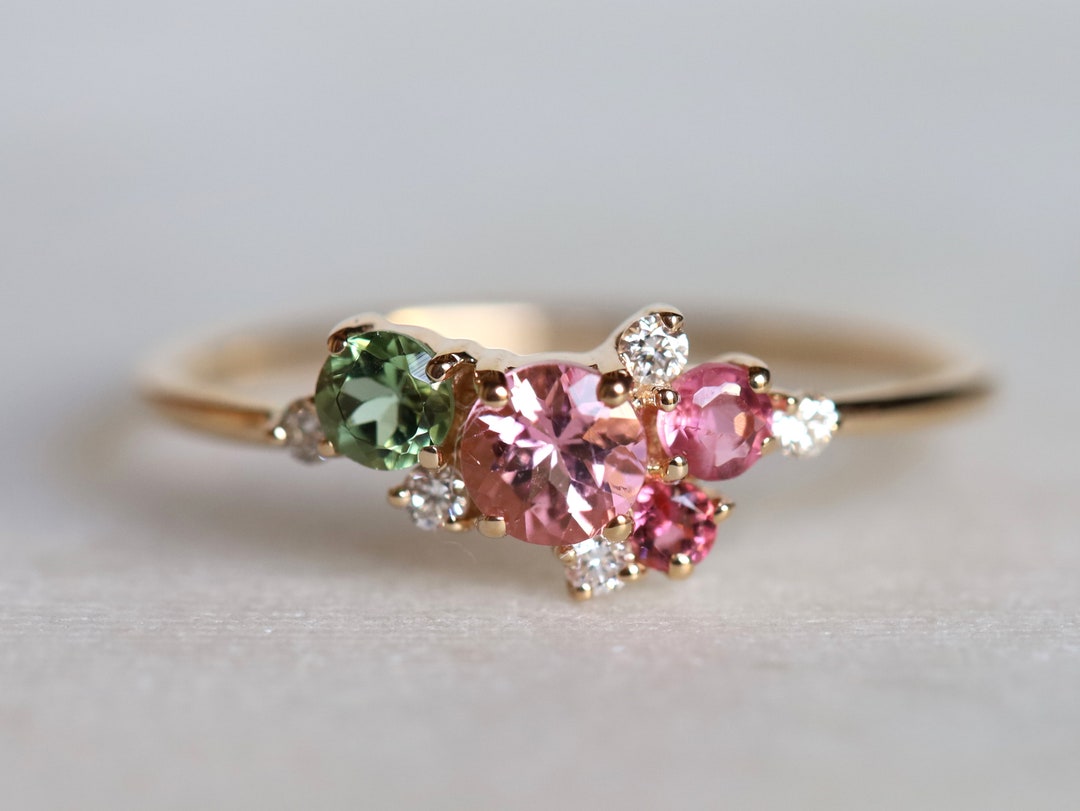 Cluster Tourmaline Engagement Ring, Pink and Green Tourmaline Ring ...