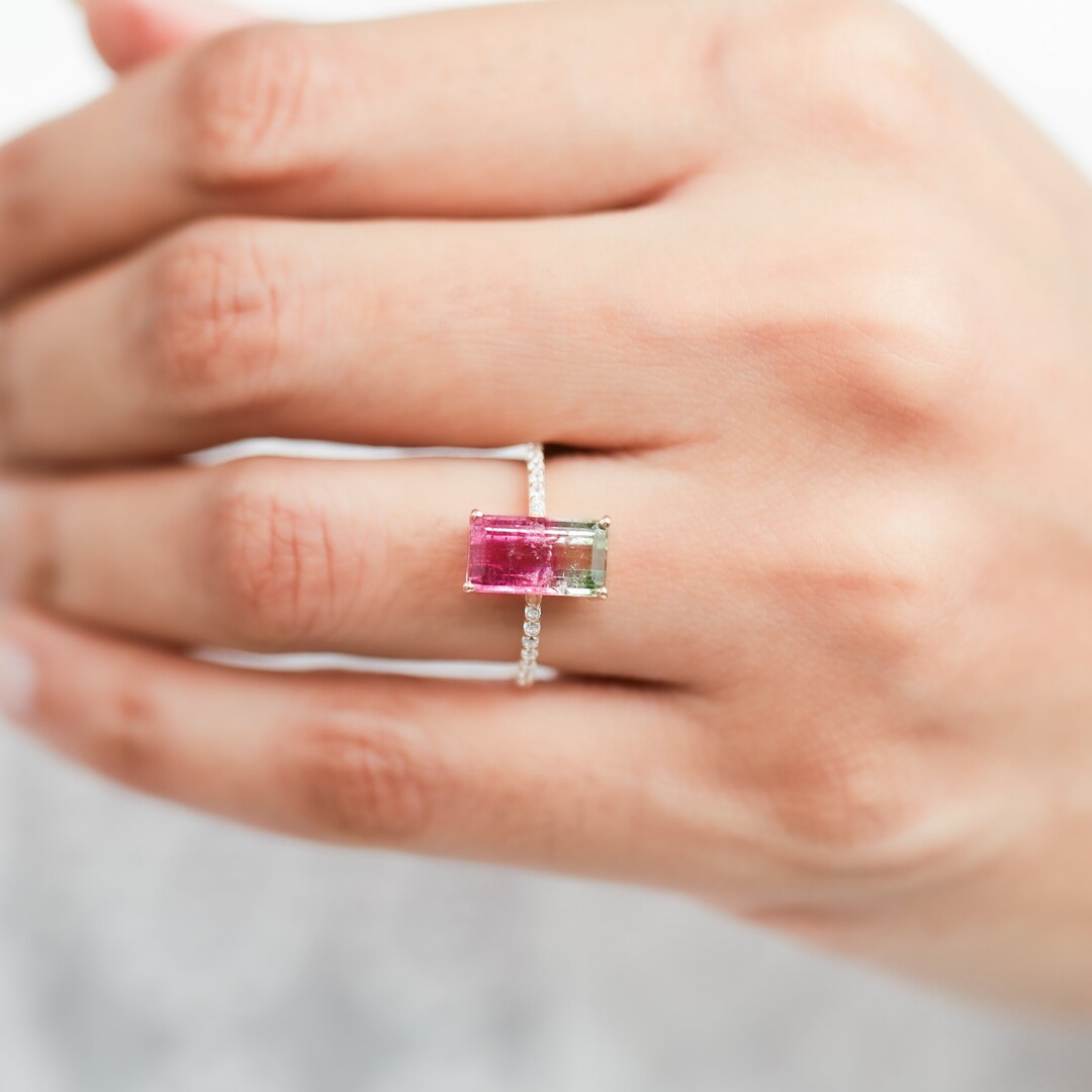 Bicolor Watermelon Tourmaline Engagement Ring | 14k Solid Gold | Unique ...