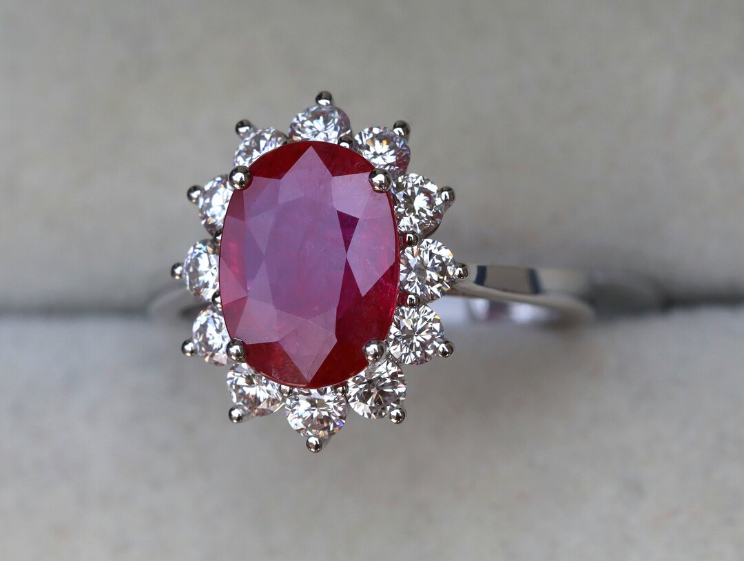 Genuine Ruby Engagement Ring 3 Carat Natural Ruby Halo Ring Red Ruby ...