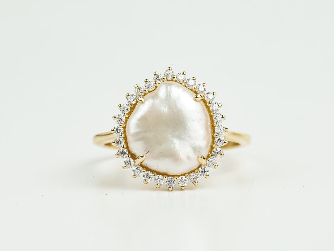 Baroque Pearl Halo Ring, White Pearl & Diamond Engagement Ring, 5 Carat ...