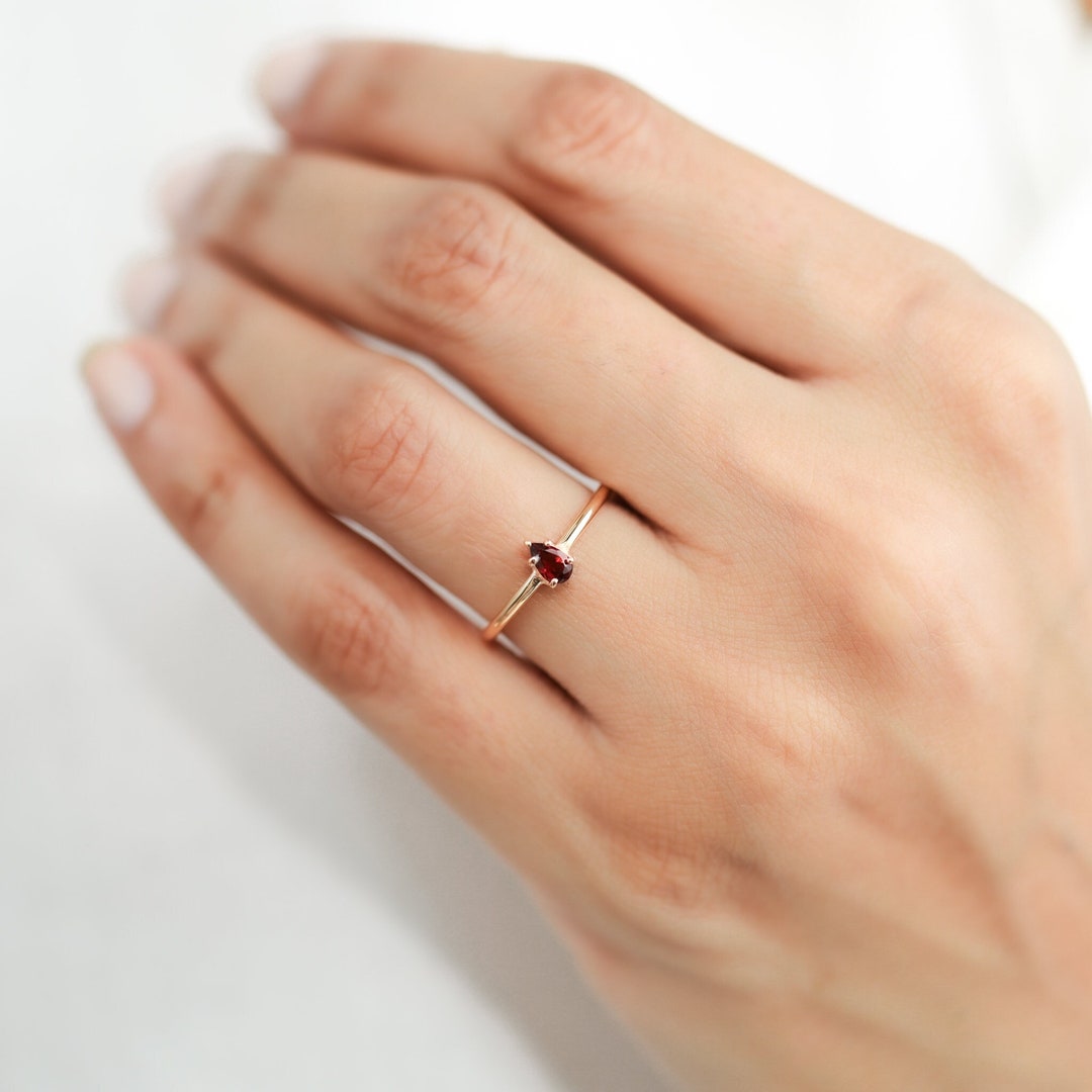 Red Garnet Stacking Ring in Solid Gold | Pear Cut Tiny Garnet Engagement Ring | Anniversary Gift ...