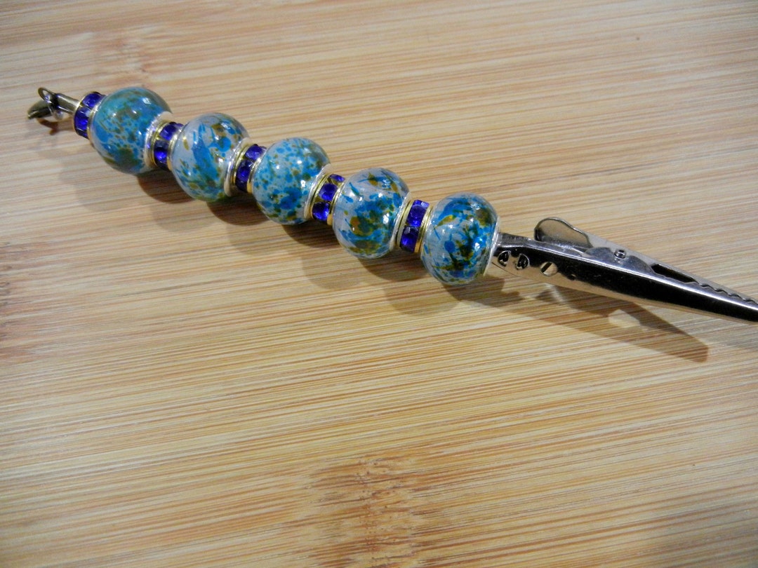 Painted Blue Glass Beaded Alligator Clip Keychain, Bracelet Holder - Etsy