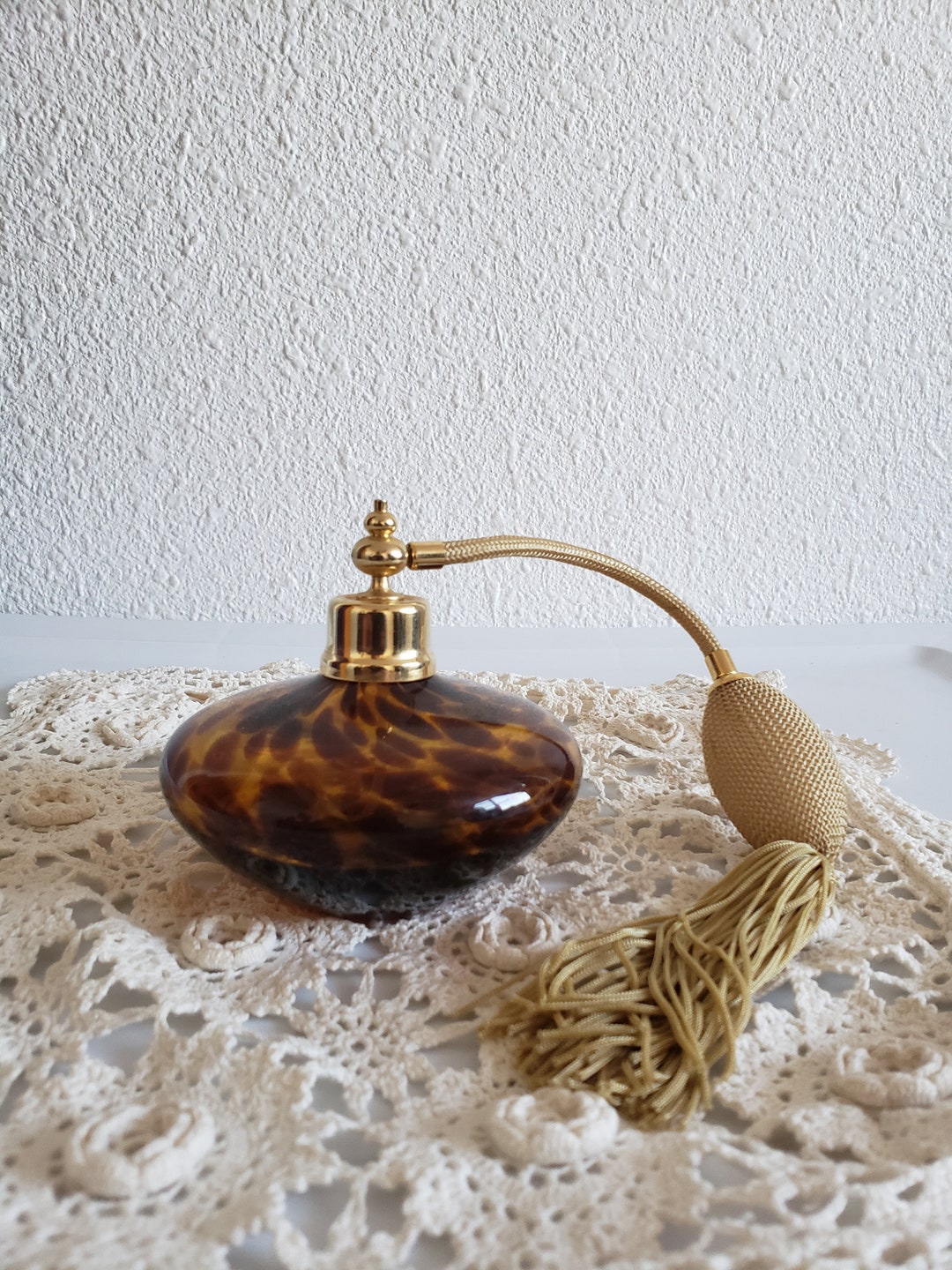 Perfume Bottle LEOPARD Print Vintage Art Glass Atomizer and Tassel ...