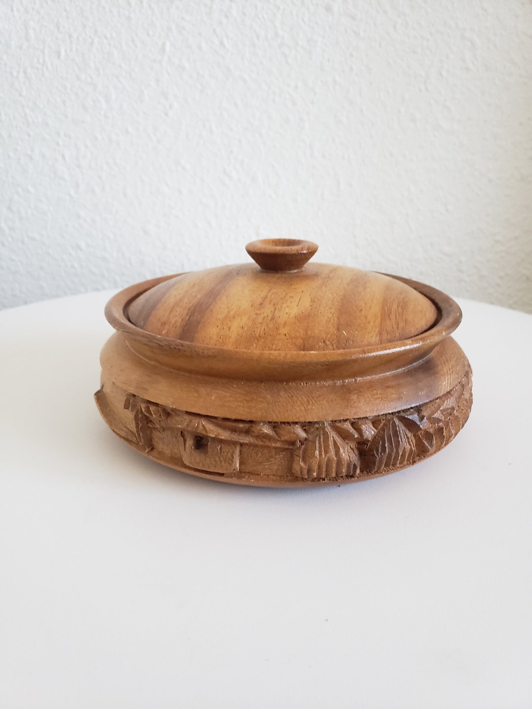 Vintage Genuine Monkey Pod Wood Round Trinket Box Serving Dish W/lid ...