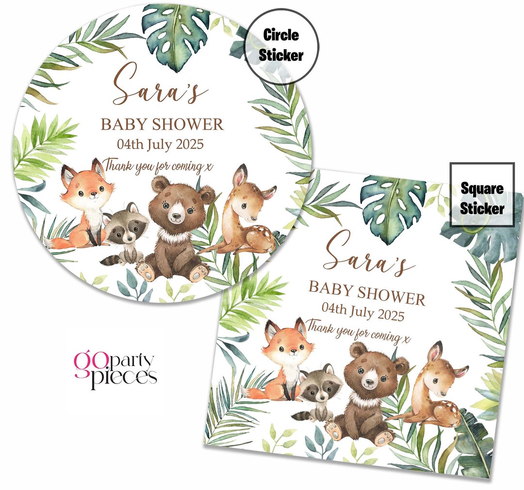 Personalised Woodland Baby Shower Stickers, Watercolor Forest Animal ...