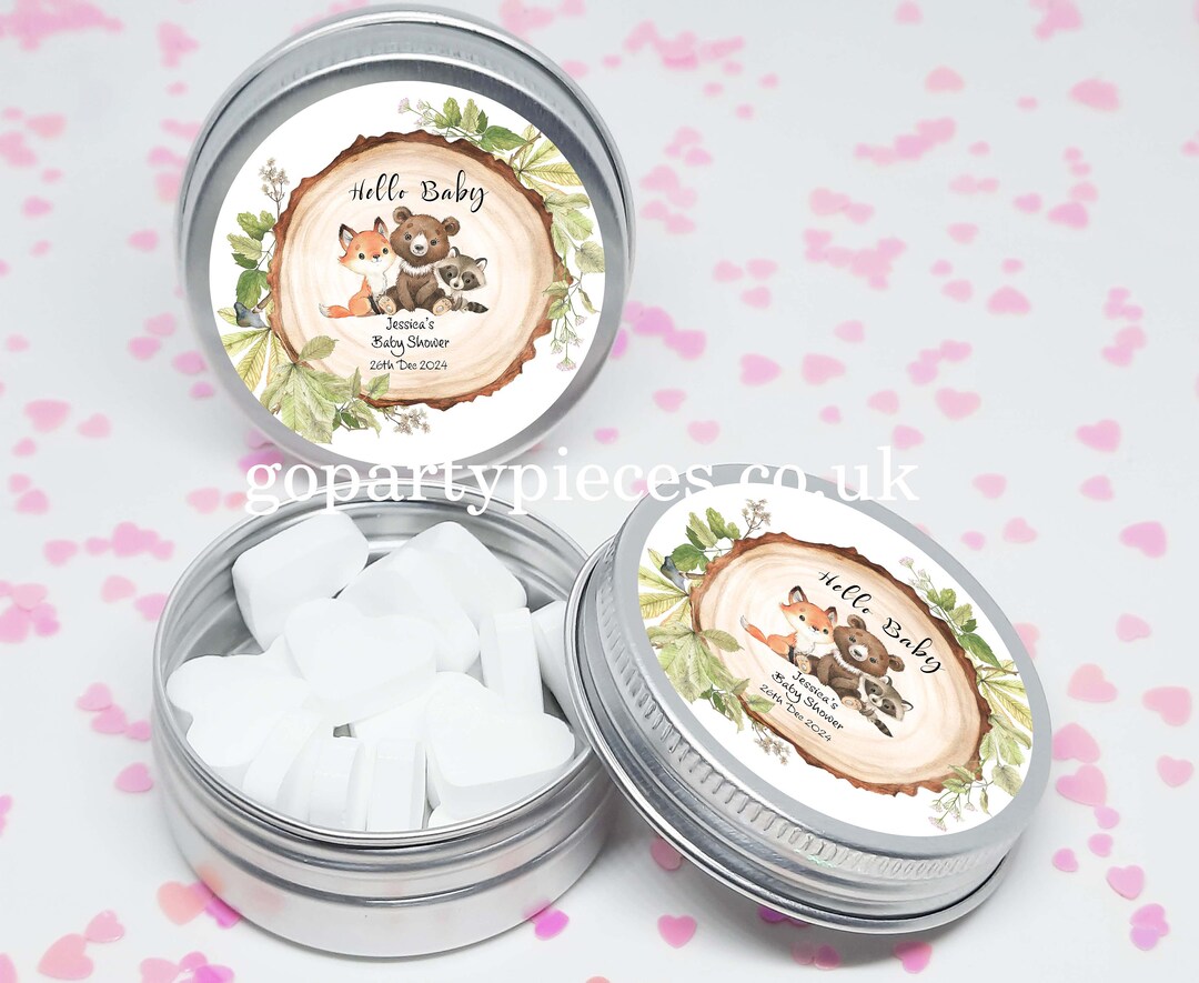 Personalized Baby Shower Favor Tins Keepsakes Gifts, Woodland Cute Baby ...