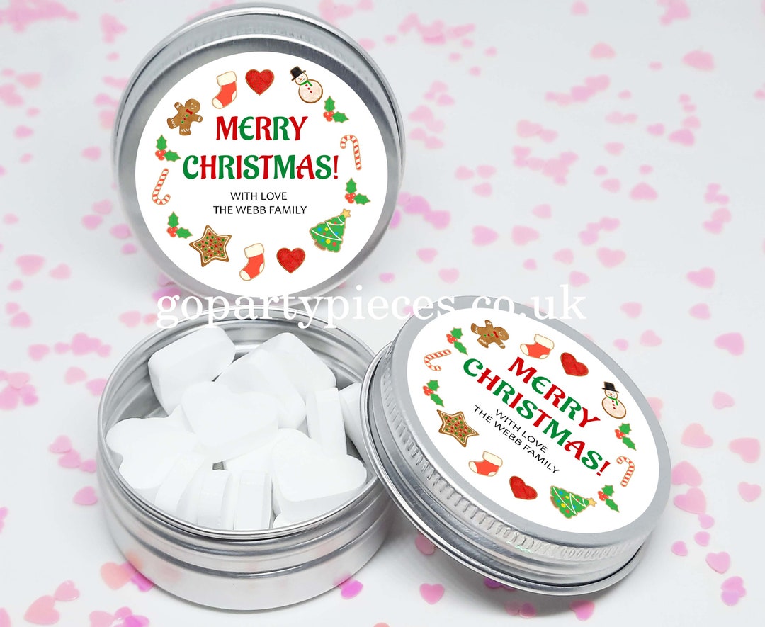 Personalized Christmas Gift Label Tins - Custom Sticker Tins Evergreen ...