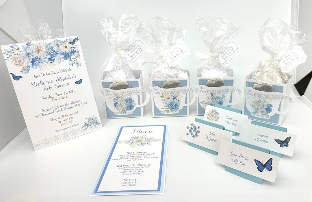 Beau-tea-ful Sky Blue Bouquets Tea Party Ensemble Invitation Favor Box ...
