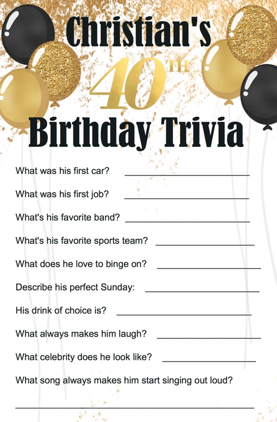 40th Birthday Trivia Card | Etsy
