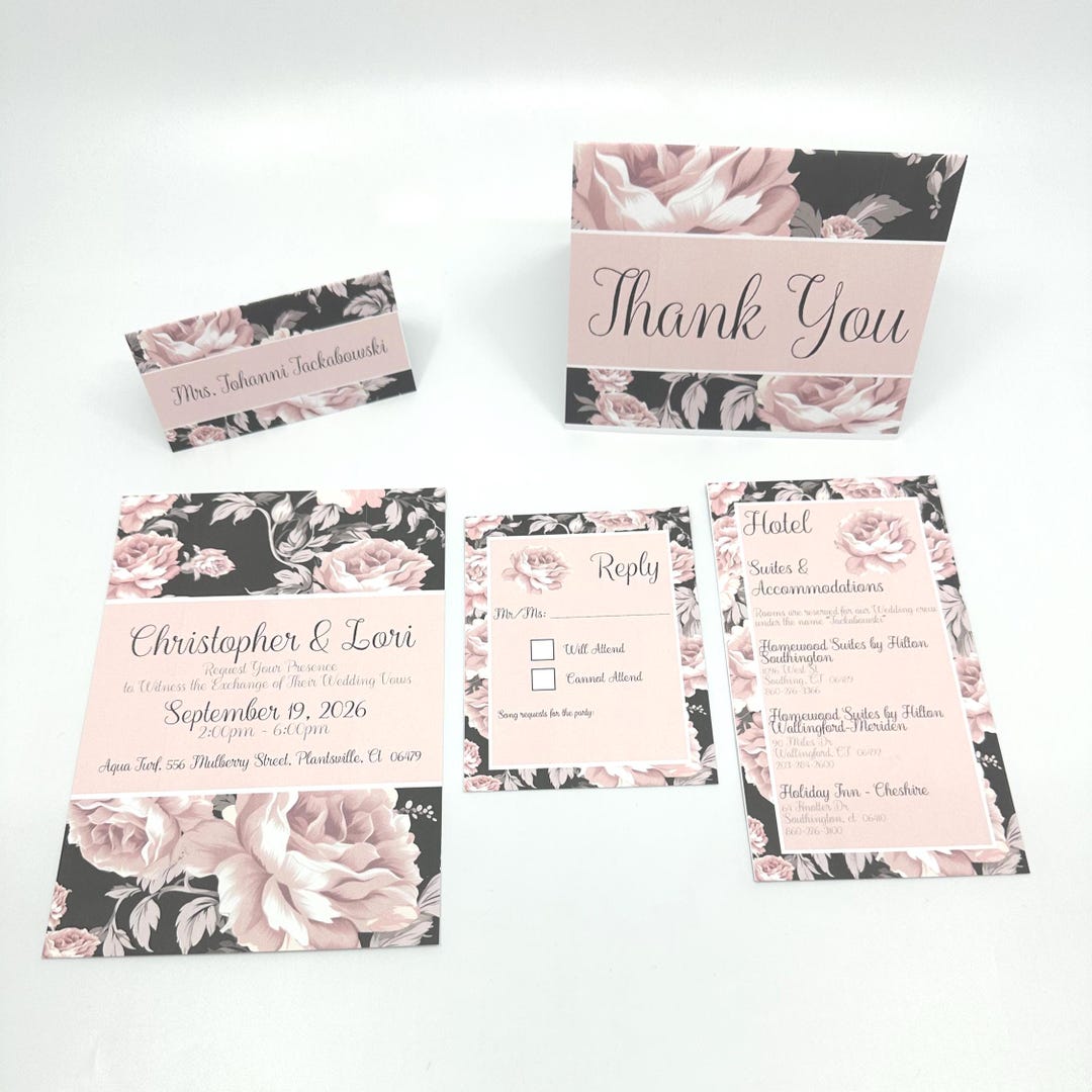 Wedding Invitation Party Pack Kit Pink and Black Floral Bouquet ...