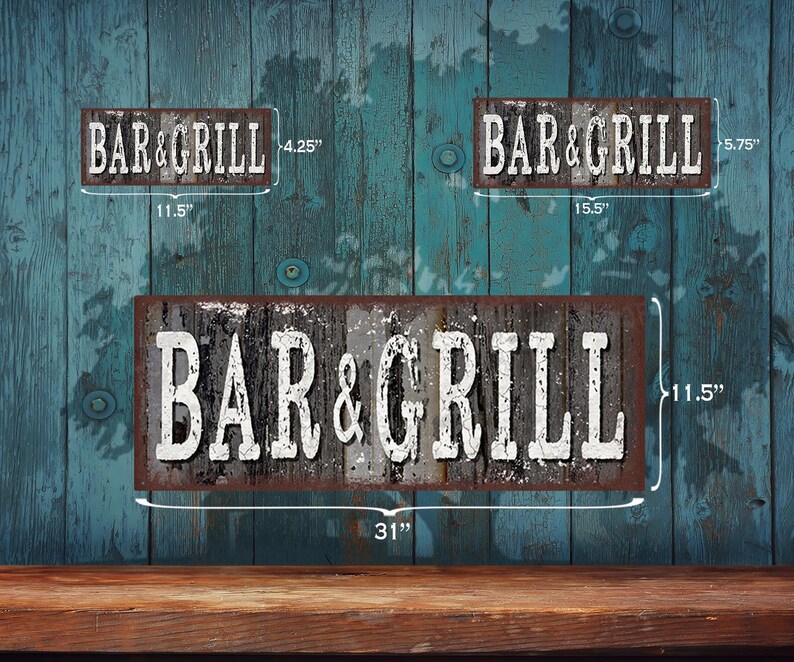 Bar & Grill Metal Sign: - Rustic Wood Look Aluminum Sign - Customizable ...