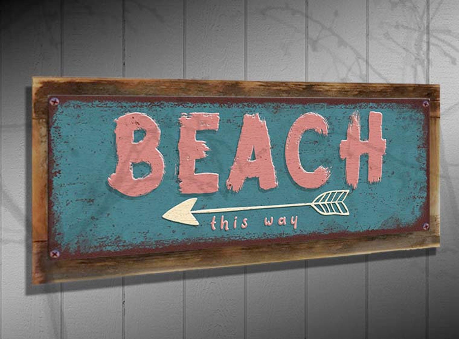 Beach This Way Metal Sign Arrow Pointing Left - Rustic Looking Full ...