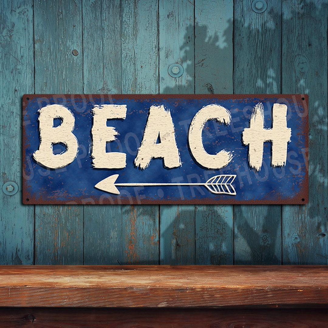 Beach This Way Metal Sign - Arrow Pointing Left - Rustic Looking Full ...